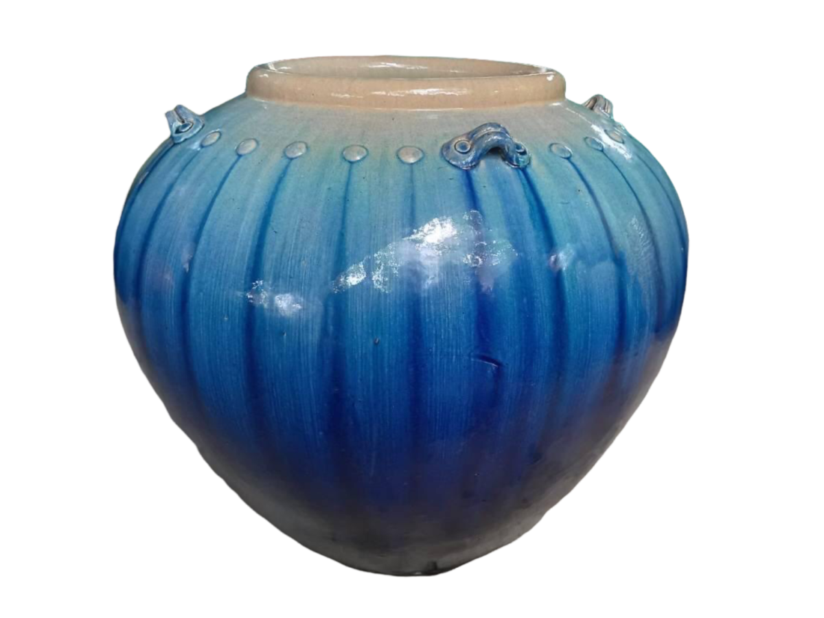 Glazed Waterpot Feature Blue - Thai Garden Design
